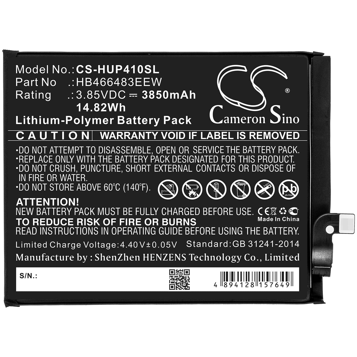 Battery for Huawei CDY-TN20 HB466483EEW 3.85V Li-Polymer 3850mAh / 14 ...